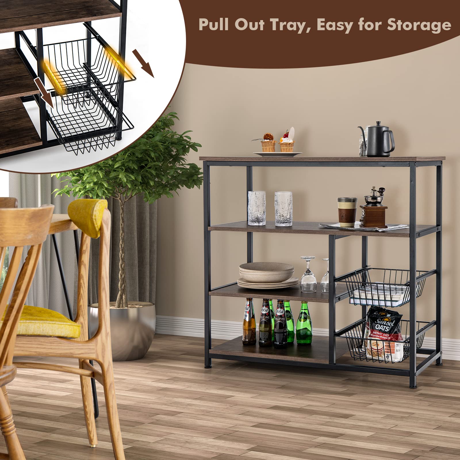 Tangkula 4-Tier Kitchen Baker's Rack, Industrial Microwave Oven Stand with Sliding Wire Basket, Water-Proof Surface, Utility Storage Shelf Organizer, Coffee Bar Cart for Living Room, Pantry