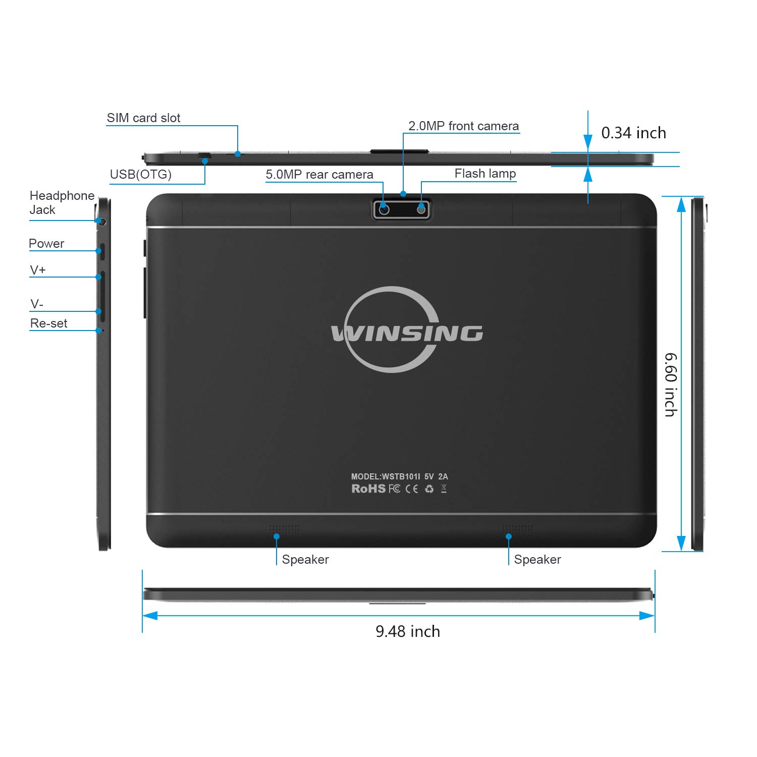 Winsing Android 8.1 Go Tablet, 10 inch Tablets PC, 3G Phablet with Dual SIM Card Slots and Cameras, 16GB Storage, GMS Certified, WiFi, Bluetooth, GPS - Black
