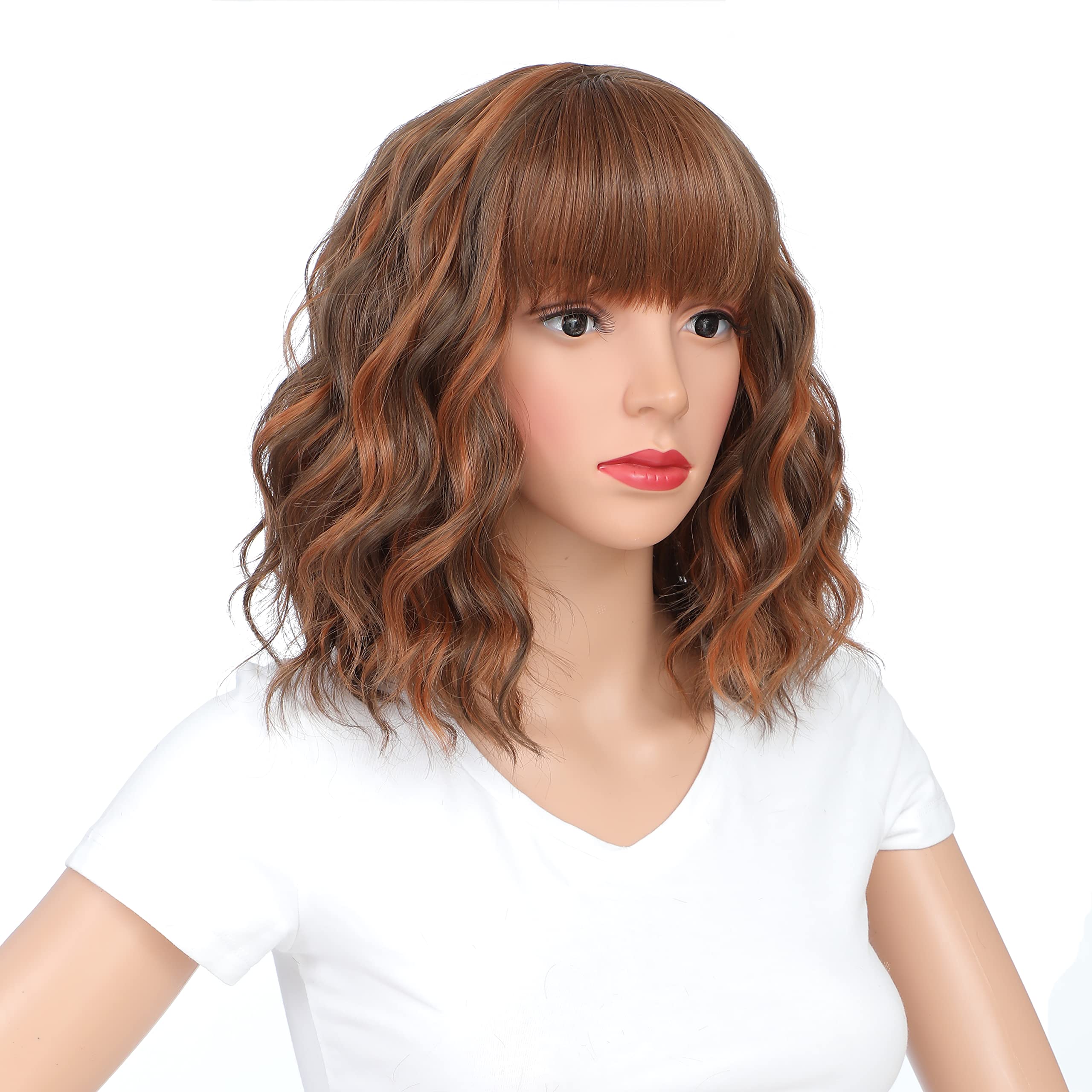 SWACC 12 Inch Short Curly Wavy Bob Wig with Bangs Synthetic Hair Wig for Women with Wig Cap (Hot Pink)