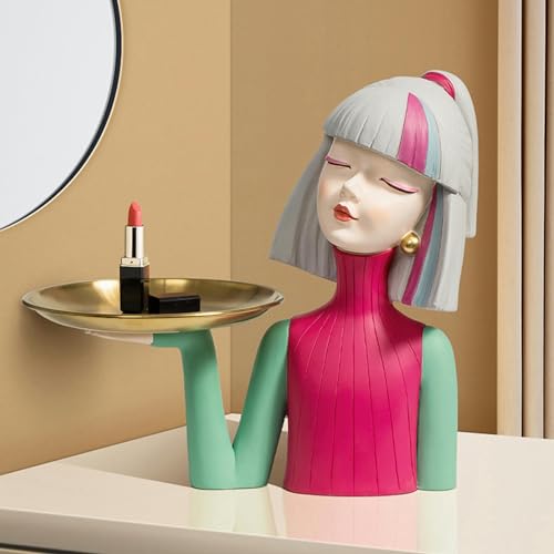 XINGYUANHE Girl Tray Storage Resin Statue Snacks Storage Plate Living Room Desktop Decoration