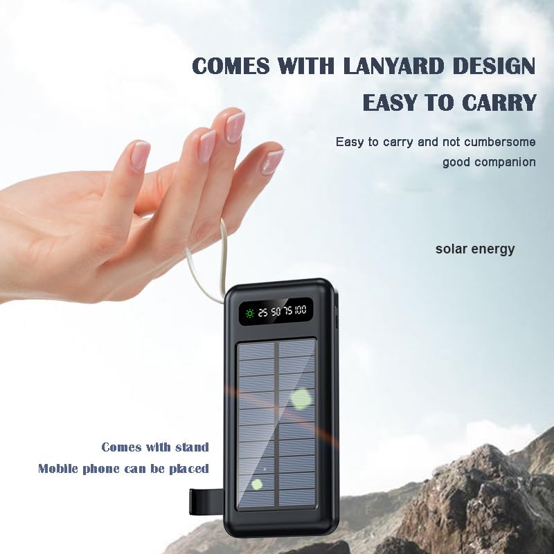 Solar Power Bank, Portable Charger, 20000mAh External Backup Battery Charger, Fast Charging Solar Panel & USB Charging, with line & Light