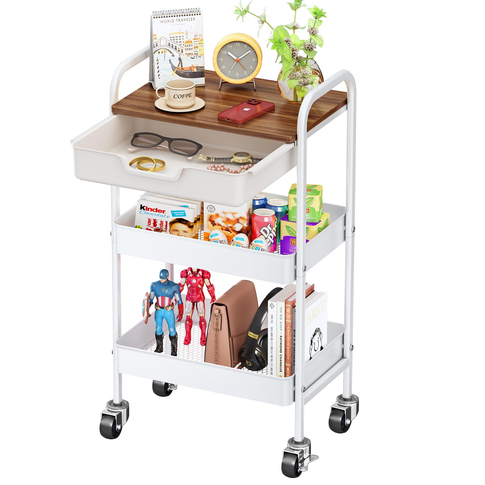 SNTD 3 Tier Rolling Utility Cart - Metal Rolling Cart on Wheels with Drawer, Wooden Table Storage Cart (Black)