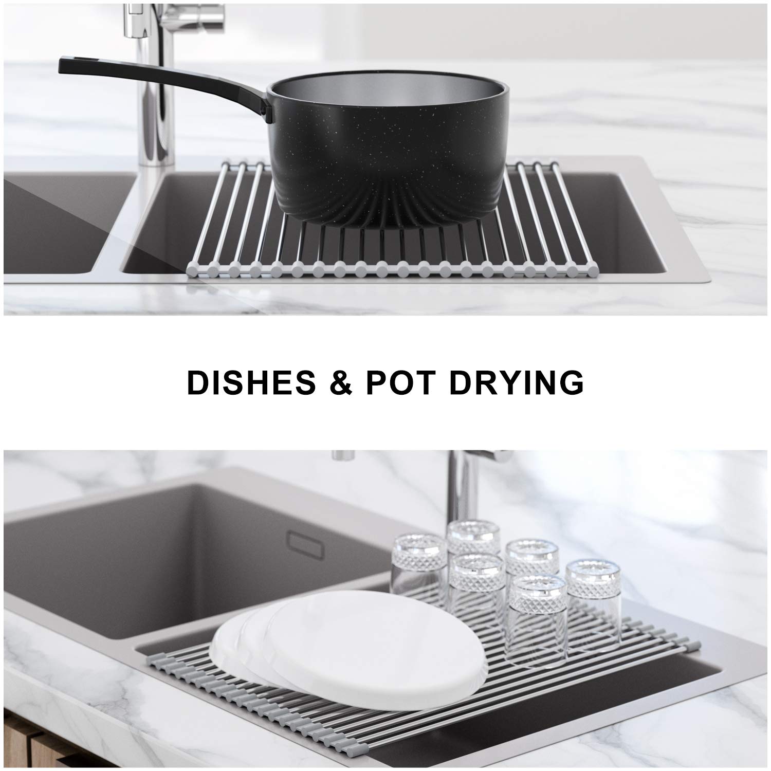 SunCleanse 17.8"×11.8" Roll-Up Dish Drying Rack, Over Sink Dish Drying Rack Drainer, Multi-Use Stainless Steel Foldable Dish Rack for Kitchen Sink Countertop, Grey