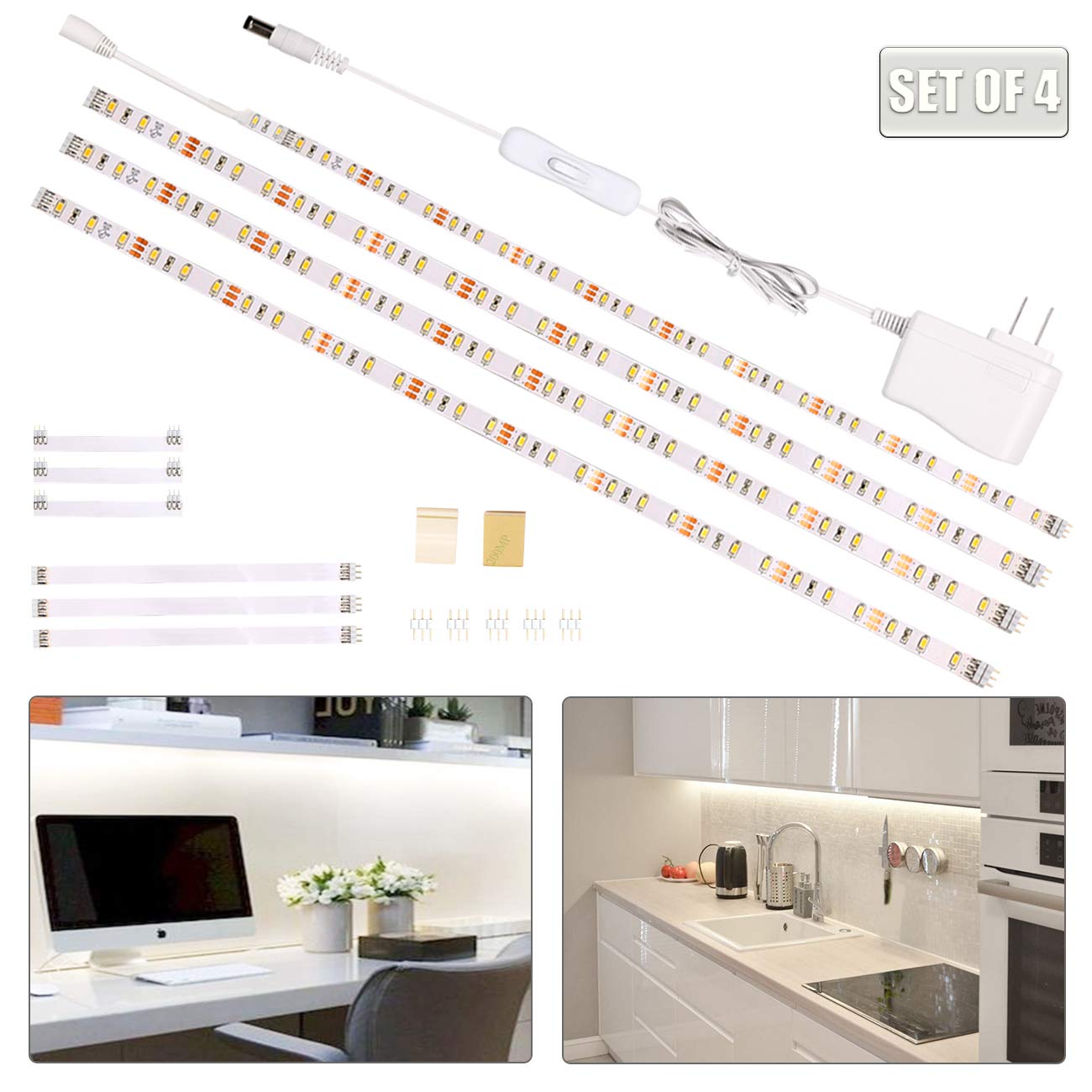 wobsion White Led Strip Lights, Under Counter Lights for Kitchen, Flexible Under Cabinet Led Light for Kitchen,Shelf,Cupboard,Desk,Mirror,6.6 Feet DIY Rope Light,12V DC Power,120 LEDs,6000K,4 Panel