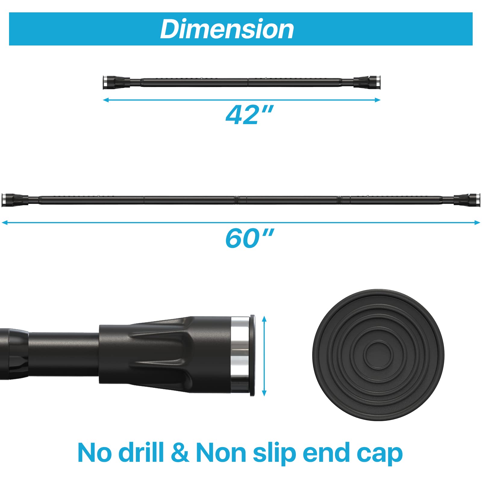 Shower Curtain Rod, 42-70 inch Adjustable Shower Curtain Rod No Drilling for Bathroom, Never Fall Shower Rod Wall Mounted, Easy Install & Rust Proof, Black