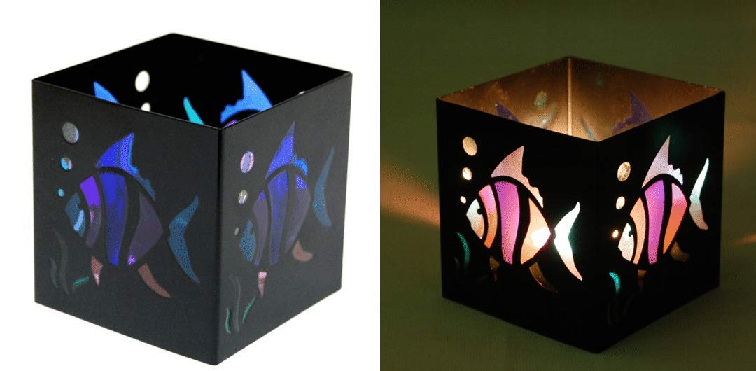 Square Tropical Fish Black Metal Tealight Candle Holder - 3" x 3" (Candleholder / Celestial)