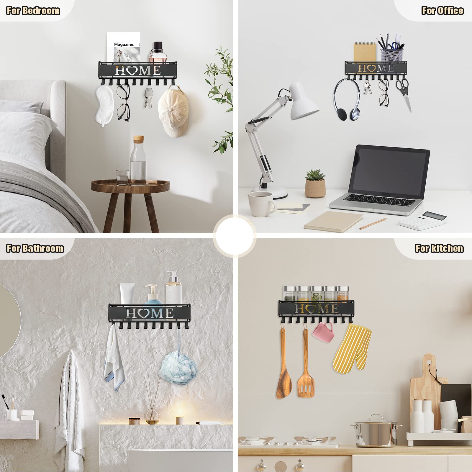 RELBRO Mail Key Holder for Wall, Black Metal Wall Basket Key Mail Organizer with 10 Hooks Wall Mounted Key Rack Storage Key Hanger for Entryway Hallway Garage Office