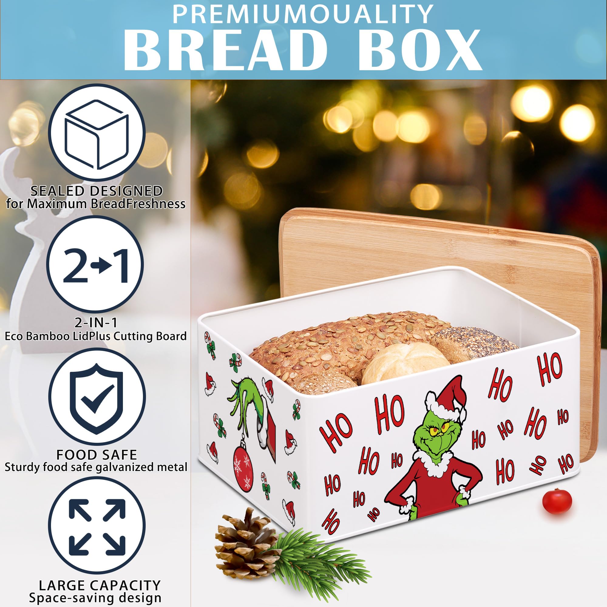 Two Bros. Repellent NOVIIML ead Box with Bamboo Cutting Board Lid, Modern Metal Bread Storage Container for Christmas Kitchen Decor, Christmas Kitchen Table Decorations Indoor Dining Room, for Women