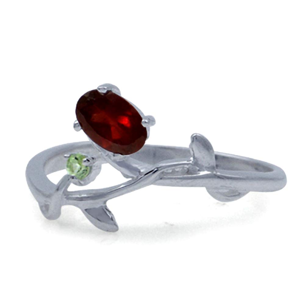 Silvershake Natural Garnet and Peridot White Gold Plated 925 Sterling Silver Vine Leaf Ring Size 4.5