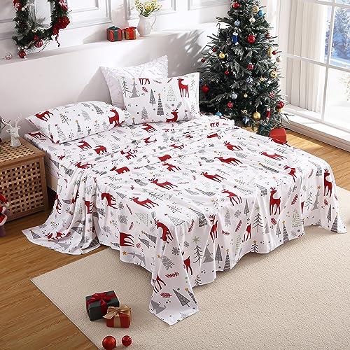 STARBEDIA Christmas Sheets Full, 100% Cotton Flannel Holiday Bed Sheet Set, Deep Pocket Fitted Sheet, Soft Warm Brushed Christmas Sheet (Full Size, Christmas Forest Deer)