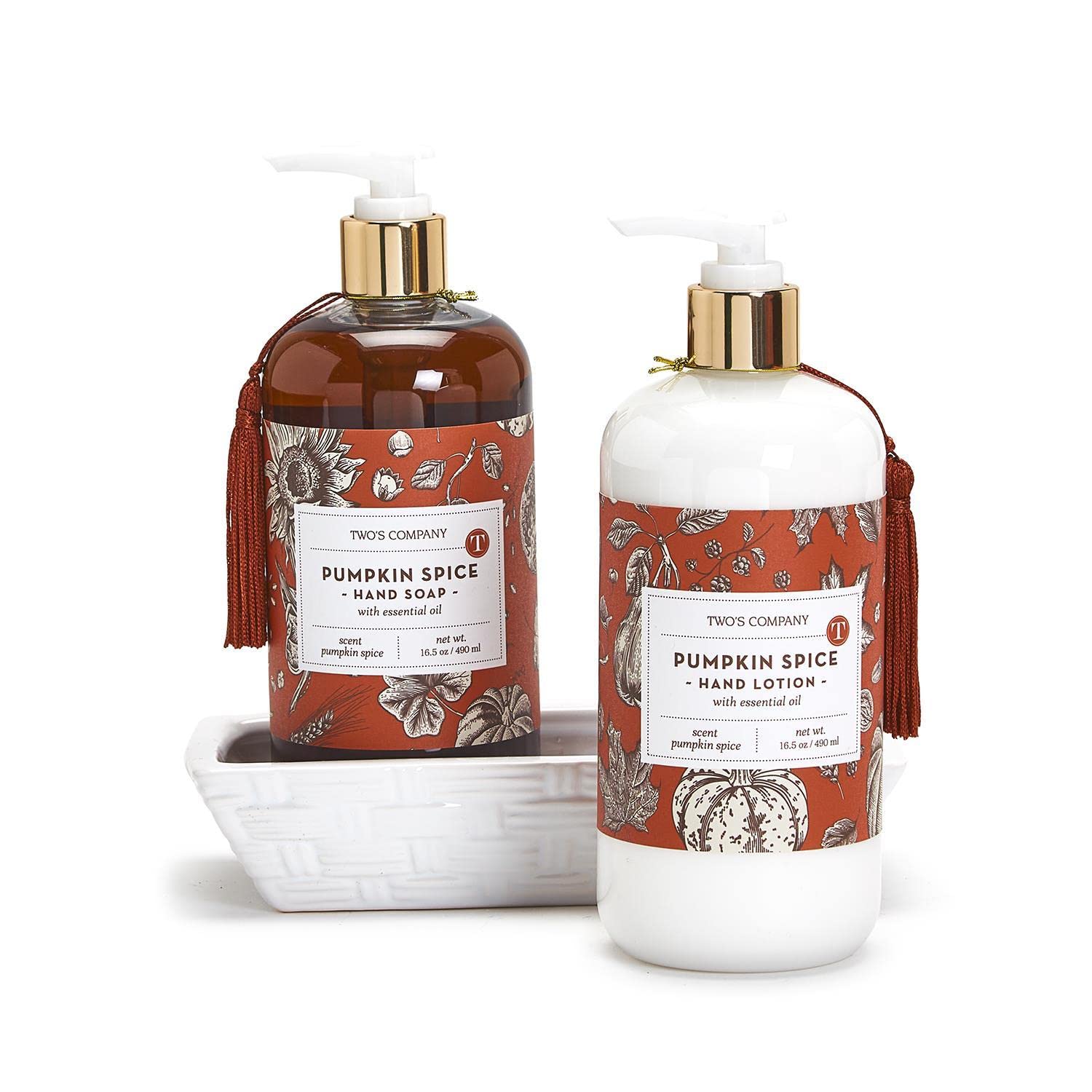 Two's Autumn Air Pumpkin Spice Scented Hand Soap & Lotion Set In Ceramic Tray