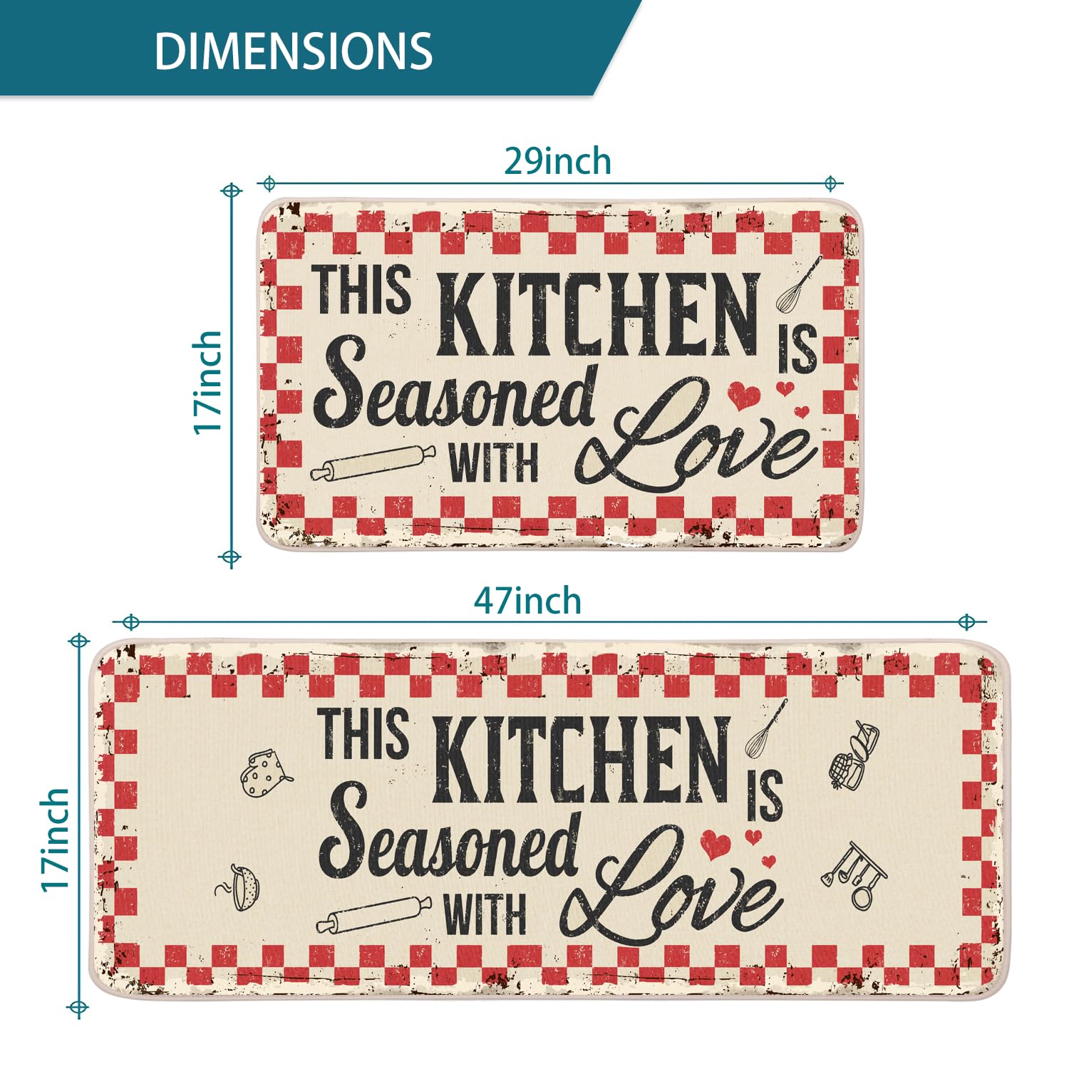 YOUWOUS The Kitchen is Seasoned with Love Kitchen Mats Set of 2-17x29 and 17x47 Inch, Decorative Non Slip Backing Floor Mat for Home Kitchen Red