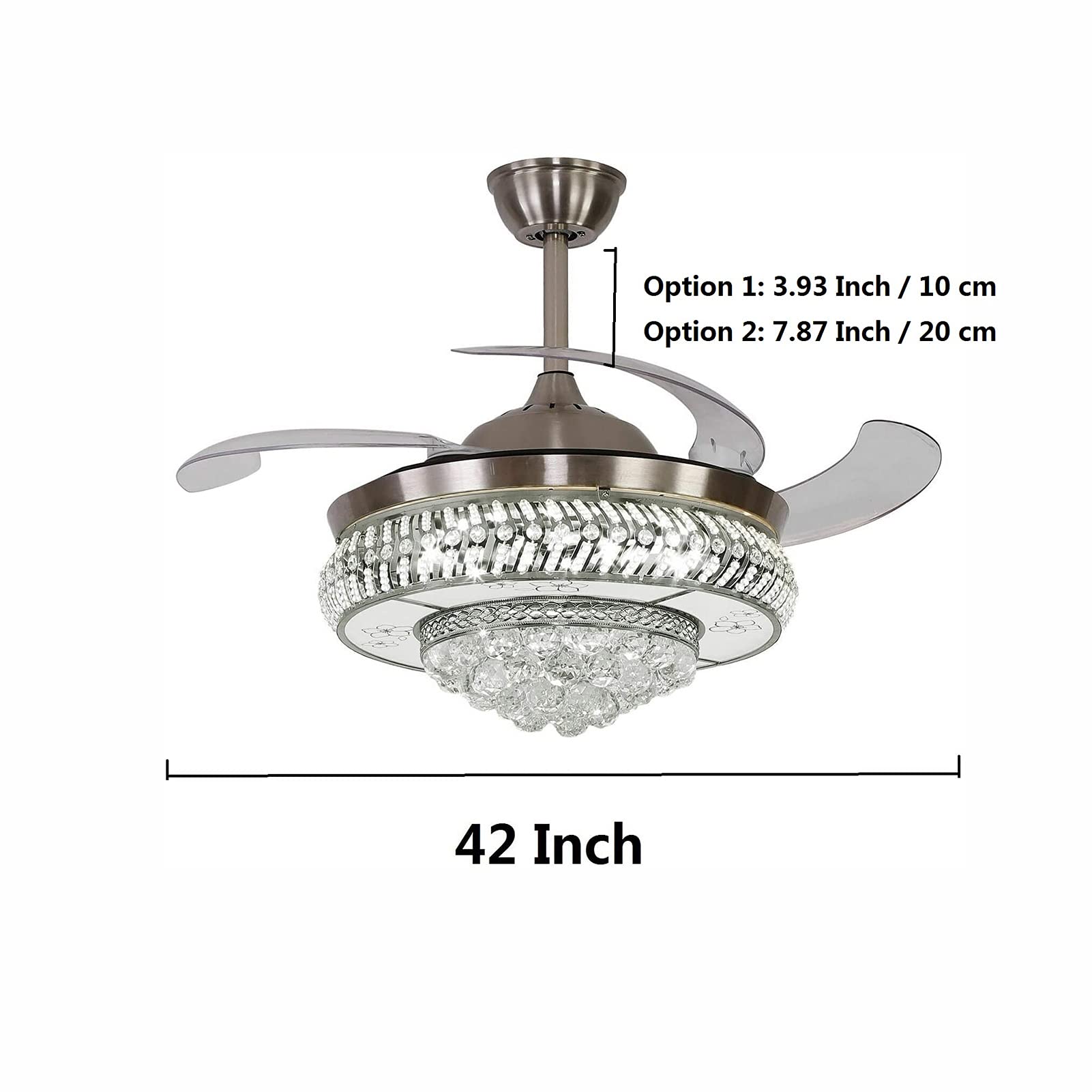 YIYIBYUS Modern Retractable Crystal Ceiling Fan with Light and Remote Control Ceiling Fan Dimmable 3 Speed Timing Smart Ceiling Fan Chrome Silver for Living Room,Bedroom (Silver, 42 inch)