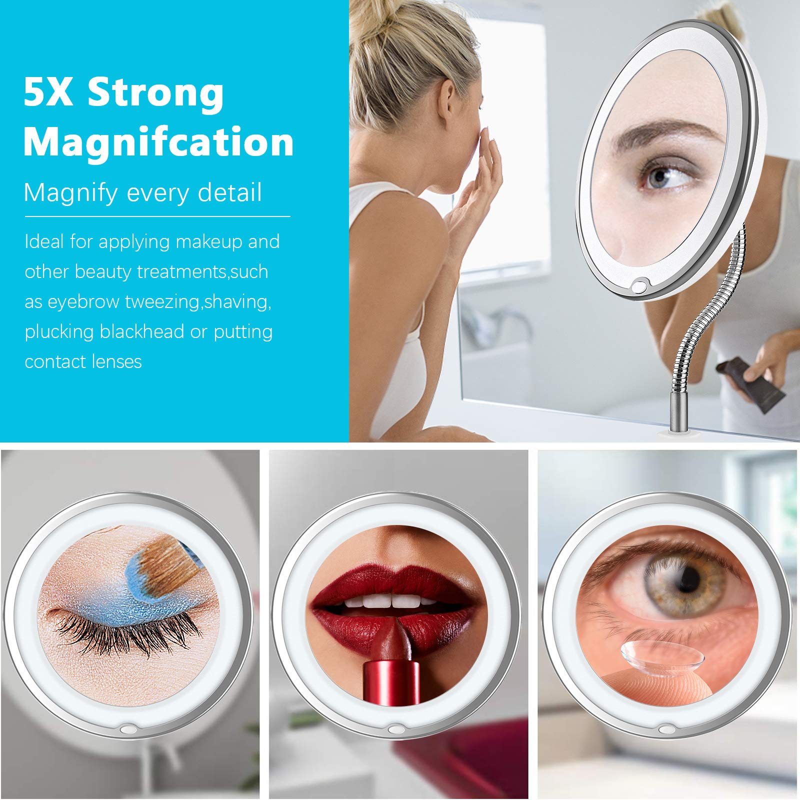 Ursulan 5X Magnifying Makeup Mirror Adjustable Flexible Gooseneck LED Light Bathroom Vanity Mirror with Glue Pad Suction Cup 360 Degree Swivel Perfect for Wall Mounted