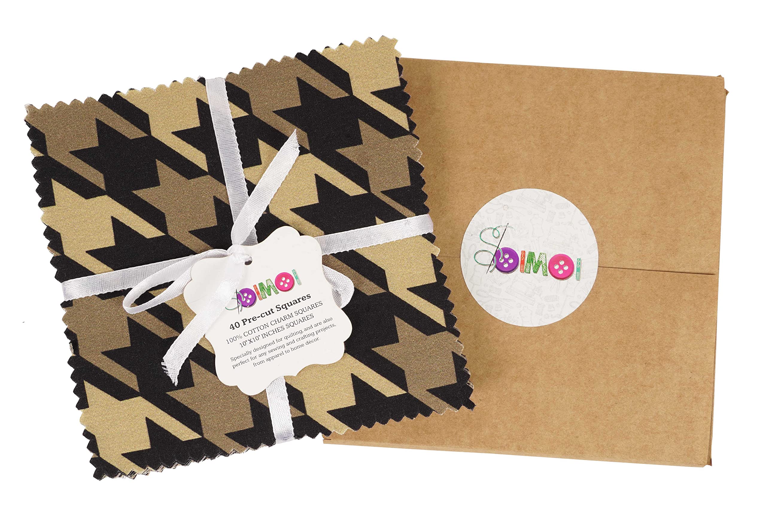 Soimoi Precut 10-inch Houndstooth Prints Cotton Fabric Bundle Quilting Squares Charm Pack DIY Patchwork Sewing Craft- Grey, Brown, Black