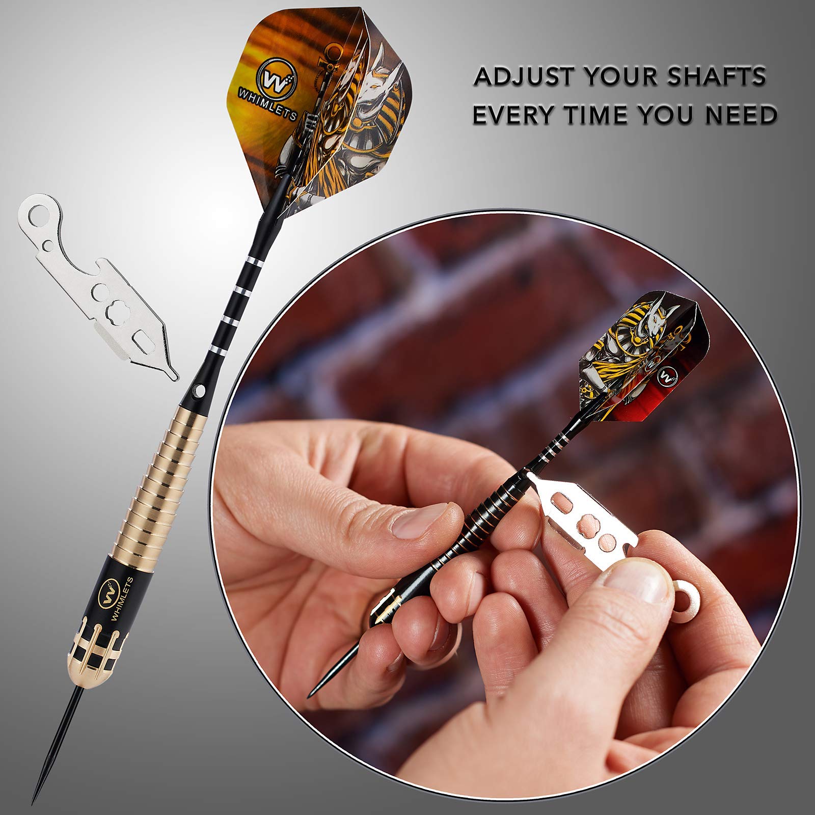 Whimlets Darts Metal Tip Set - Darts Steel Tip Set Professional with Brass Barrels, Professional Darts with Extra Aluminum Shafts, Flights + Dart Tool and Sharpener + Pro Darts Guide and Gift Case