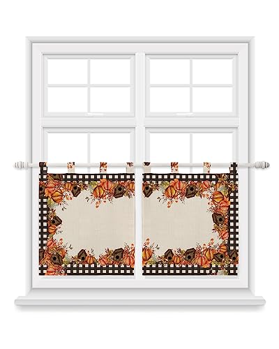 Tab Top Window Curtain,Fall Farm Pumpkin Wood House Thanksgiving Tier Curtains Panels Kitchen Valance 2 Drapes,Buffalo Checker Retro Linen Light Filtering Window Treatment for Bathroom Bedroom Cafe