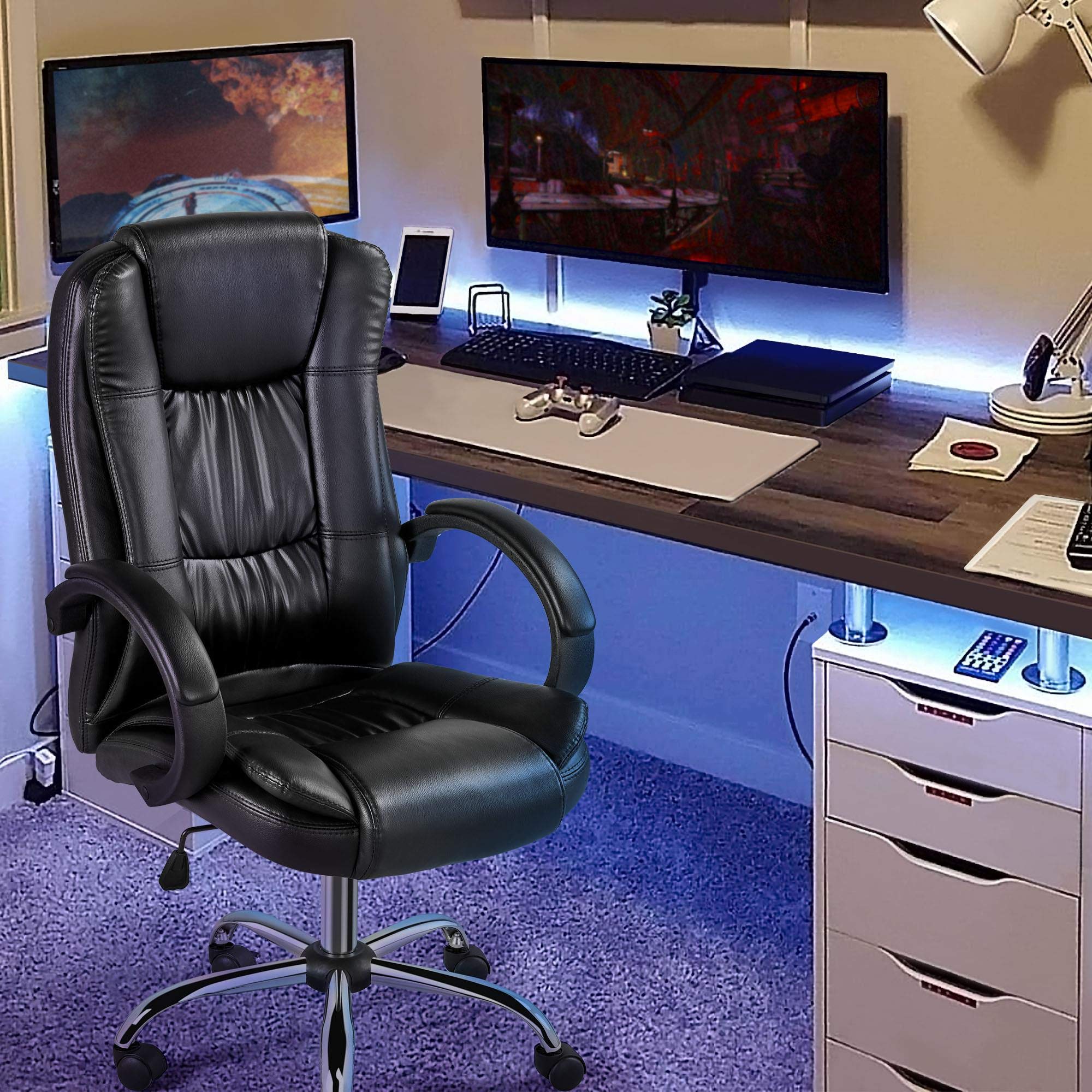 Yaheetech High Back Office Desk Chair PU Leather Executive Computer Chair Swivel Conference Task Chair with Thick Seat & Lumbar Support