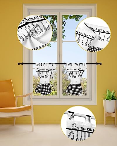 Tab Top Window Curtain,Kitchen Cooking Utensil Black White Checker Tier Curtains Panels Kitchen Valance 2 Drapes,Heart of Home Quotes Light Filtering Window Treatment for Bathroom Bedroom Cafe