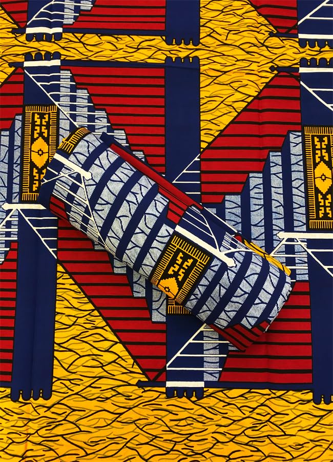 Staircase Design - Blue, Yellow, White, Black-African Wedding Dresses -African Wax Print Fabrics- Sell for 6 Yards- 100% Cotton
