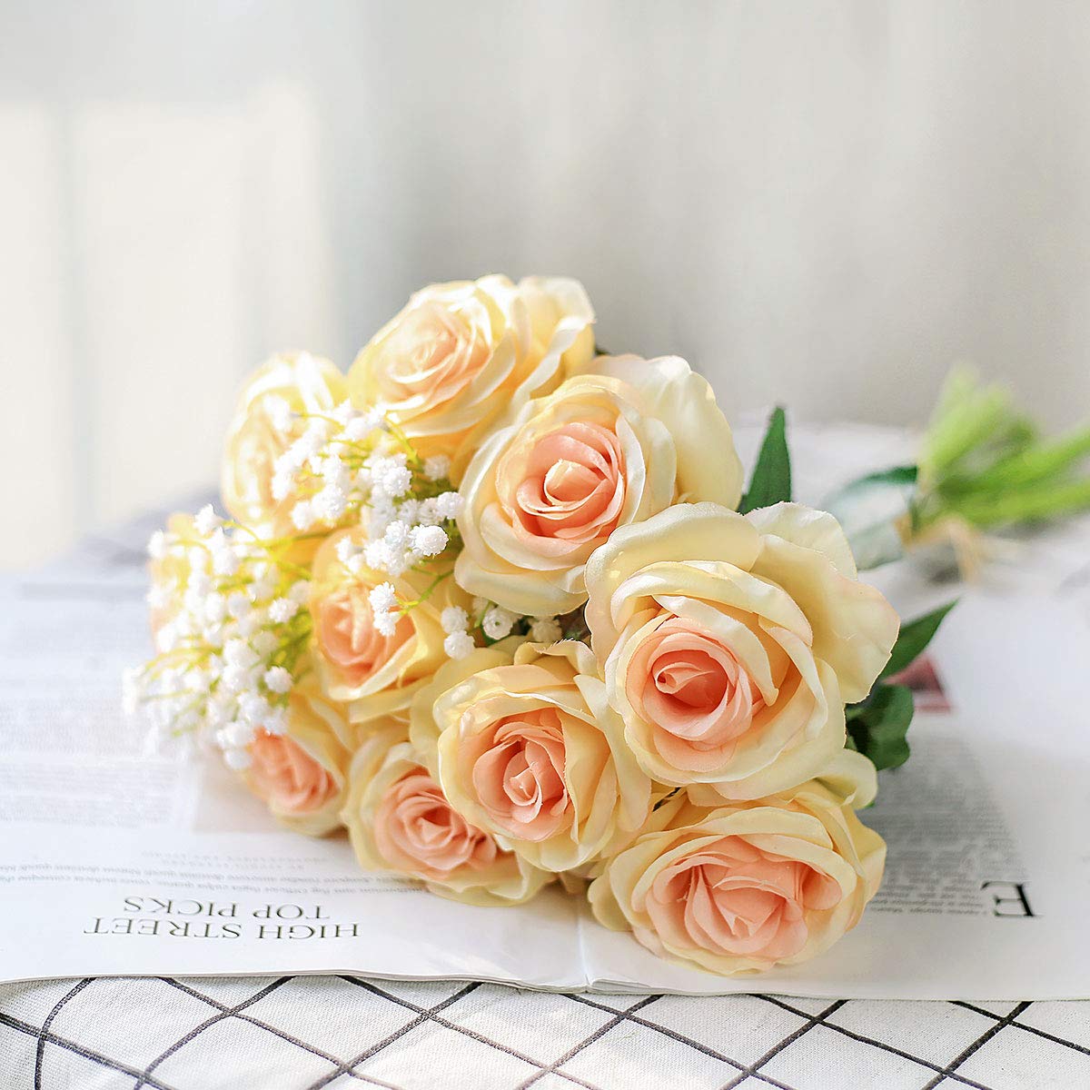 Tifuly 12Pcs Champagne Rose Artificial Flower, Realistic Single Stem Fake Silk Rose Bouquet for Wedding Party Home Centerpiece Hotel Office Decor