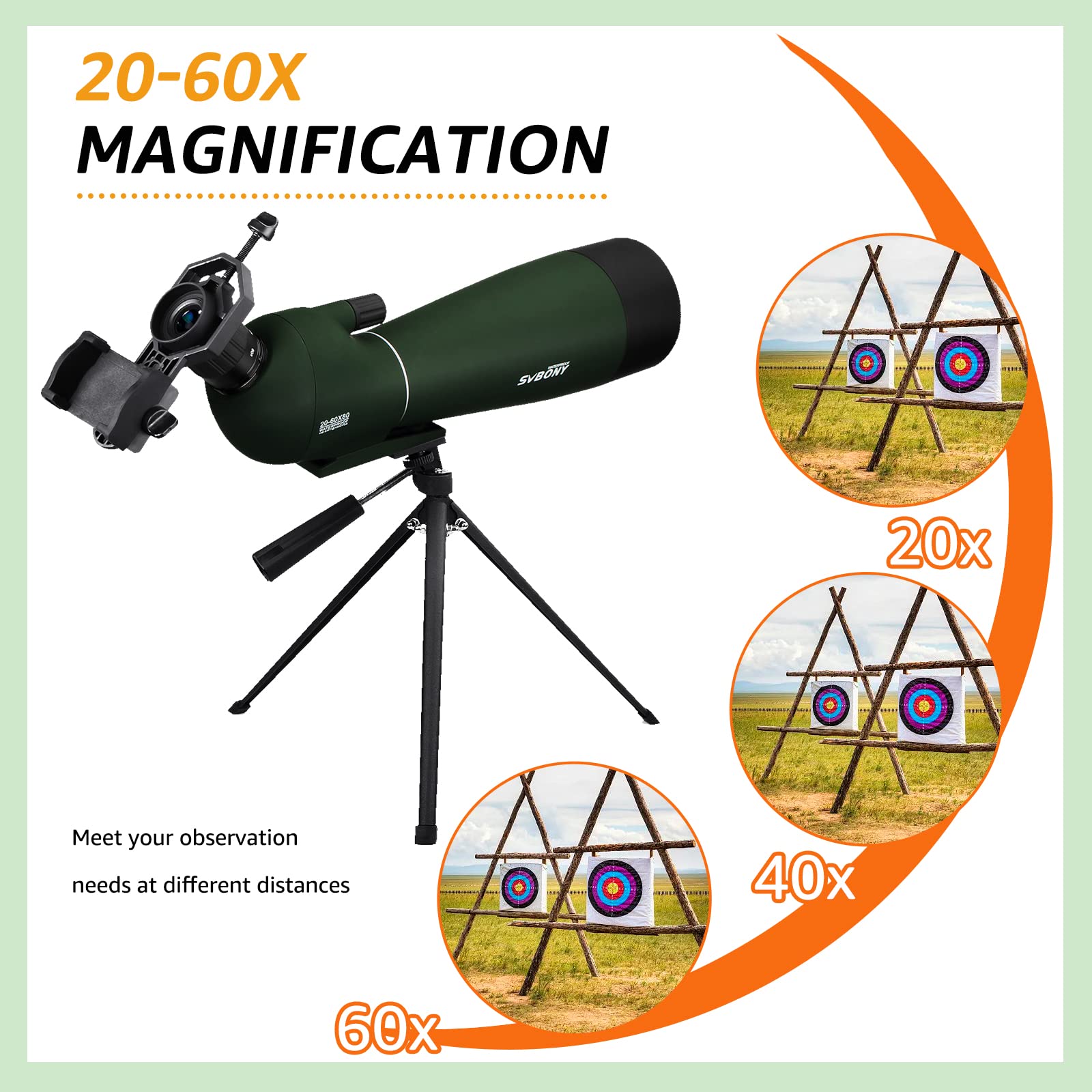 SVBONY SV28 Angled Spotting Scope with Tripod, 20-60x80 Spotter Scope, Long Range Sporting Scope with Phone Adapter, Portable Spotting Scopes for Bird Watching, Target Shooting, Hunting