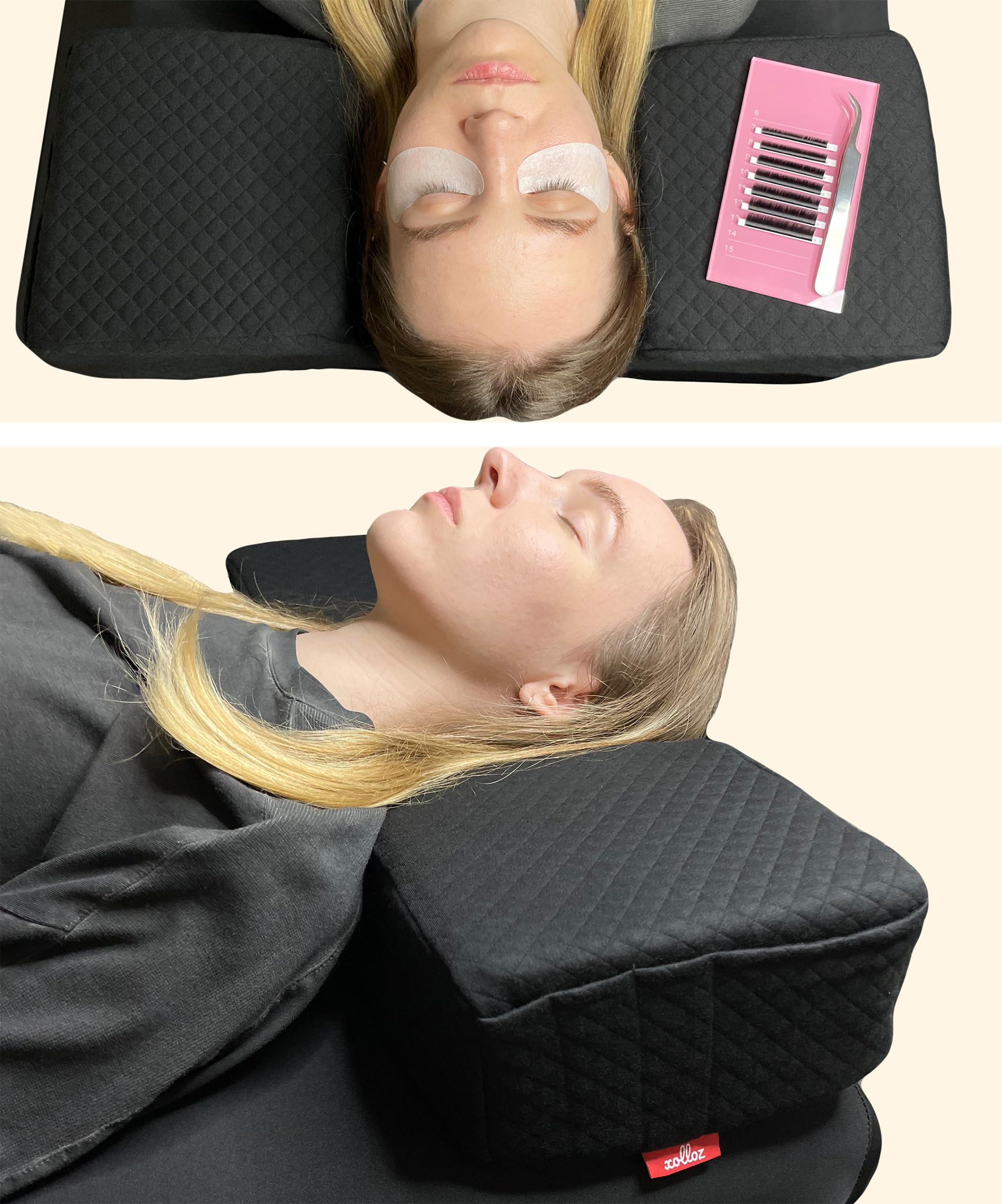 XOLLOZ Pillow For Eyelash Extensions - Curved Memory Foam Lash Bed Pillow With Neck And Back Support, Perfect Pillow For Eyelash Extensions, Two Pockets For Tools On The Sides Of Pillow (Black)