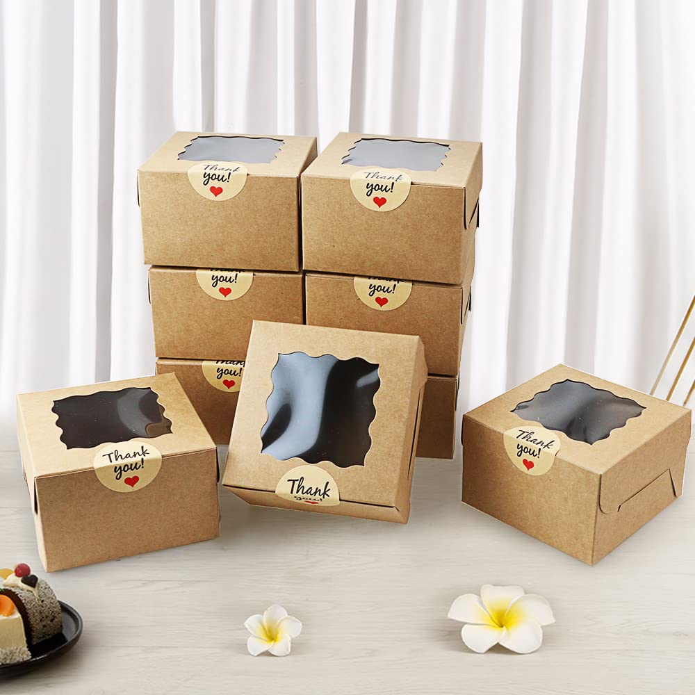 Tecmisse 50 Pack 4 x 4 x 2.5 Inches Small Bakery Boxes with Window for Small Cake Pie, Cookie Box, Mini Cake Boxes, Pastry, Dessert, Small Treat Boxes (kraft)