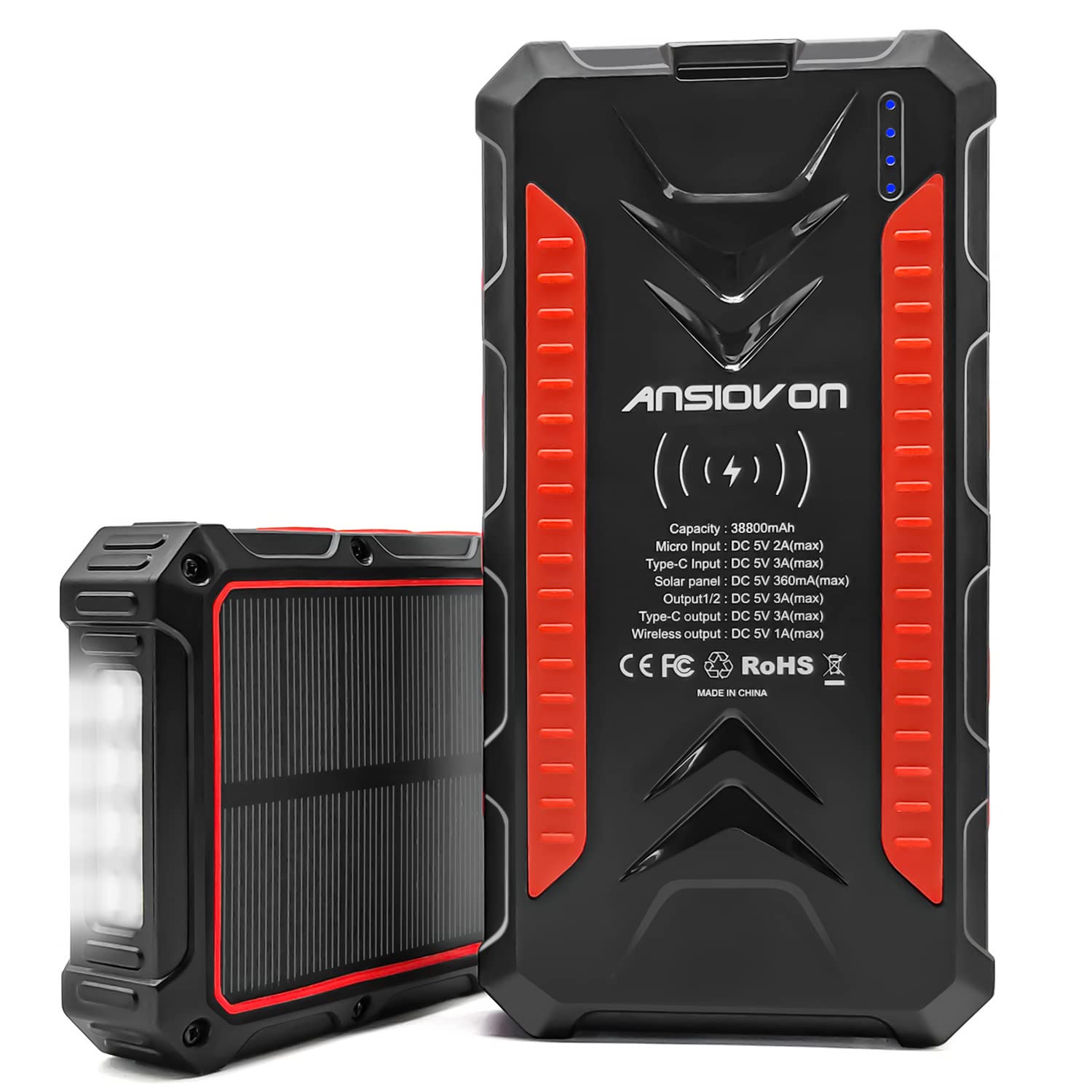 Solar Charger Power Bank - ANSIOVON 38800mAh Qi Wireless Portable Solar Phone Panel Charger for Iphone - External Battery Pack with LED Flashlight - IP54 Waterproof - 3 Outputs 5V/3A & 2 Inputs
