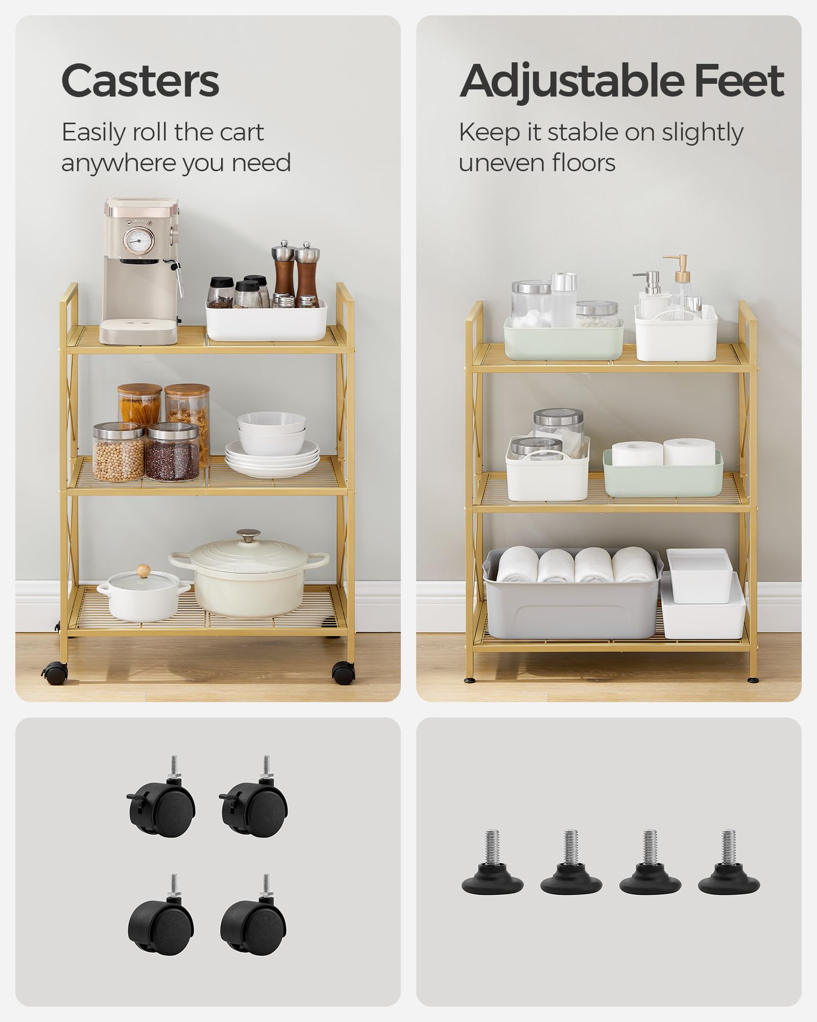 SONGMICS 3-Tier Metal Storage Rack with Wheels, Mesh Shelving Unit with X Side Frames, 31.5-Inch Width, for Entryway, Kitchen, Living Room, Bathroom, Industrial Style, Metallic Gold UBSC183A01