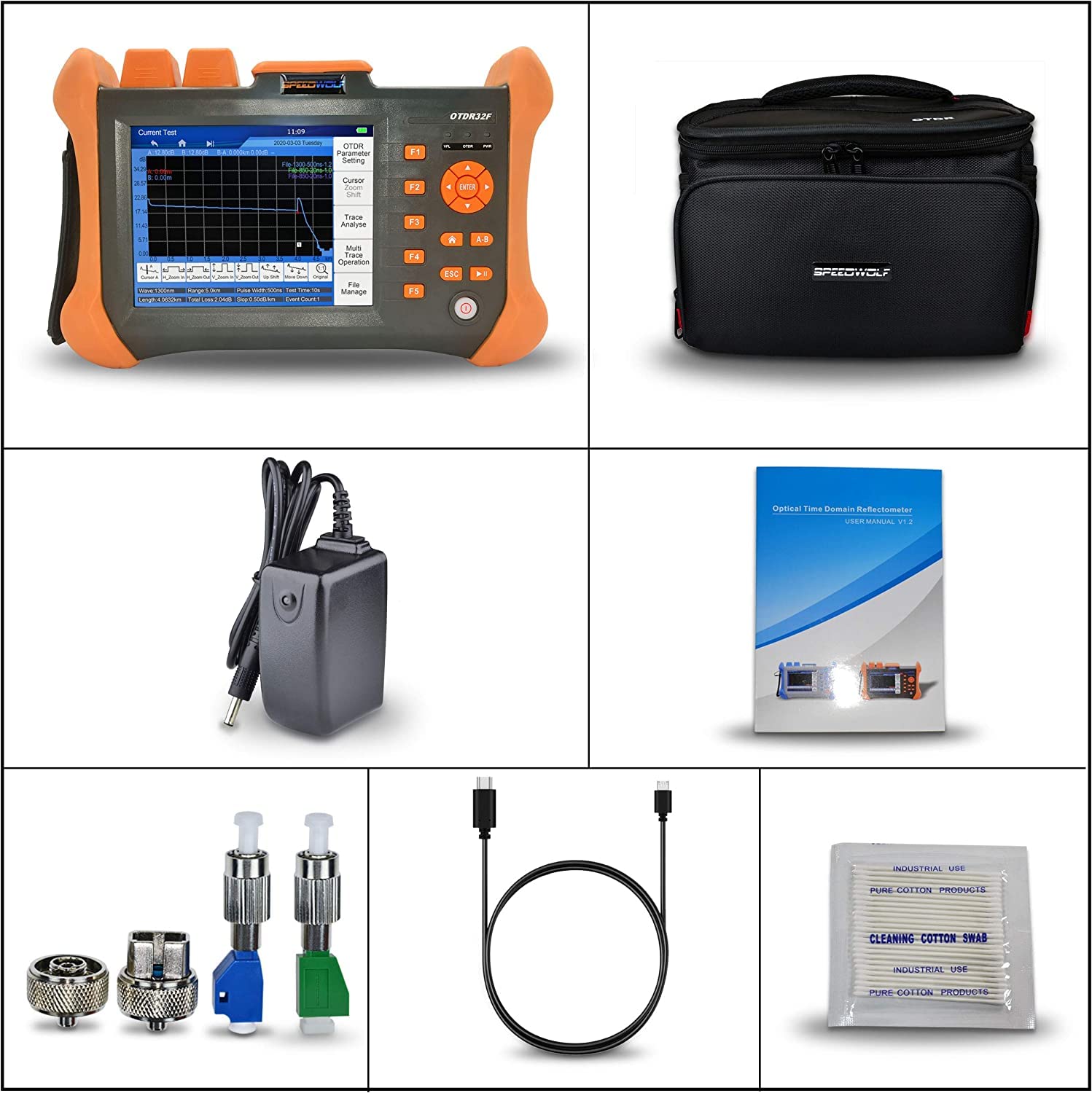 SPEEDWOLF 850/1300nm 24/22dB Multimode OTDR 5.6inch Touch Screen FTTH Fiber Optic Cable Tester with Visual Fault Locator(VFL) and FC+SC+FC/UPC(Male)-LC(UPC+APC)(Female) Adapter(OTDR32F-T1-MD-1)