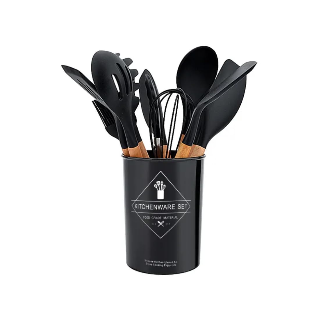 Silicone Kitchenware Cooking Utensils Set with Wooden Handle, Heat Resistant -12PCS: Turner Tongs,Spatula,Spoon,Brush,Whisk,Kitchen Utensil Gadgets Tools Set for Nonstick Cookware,(Grey)