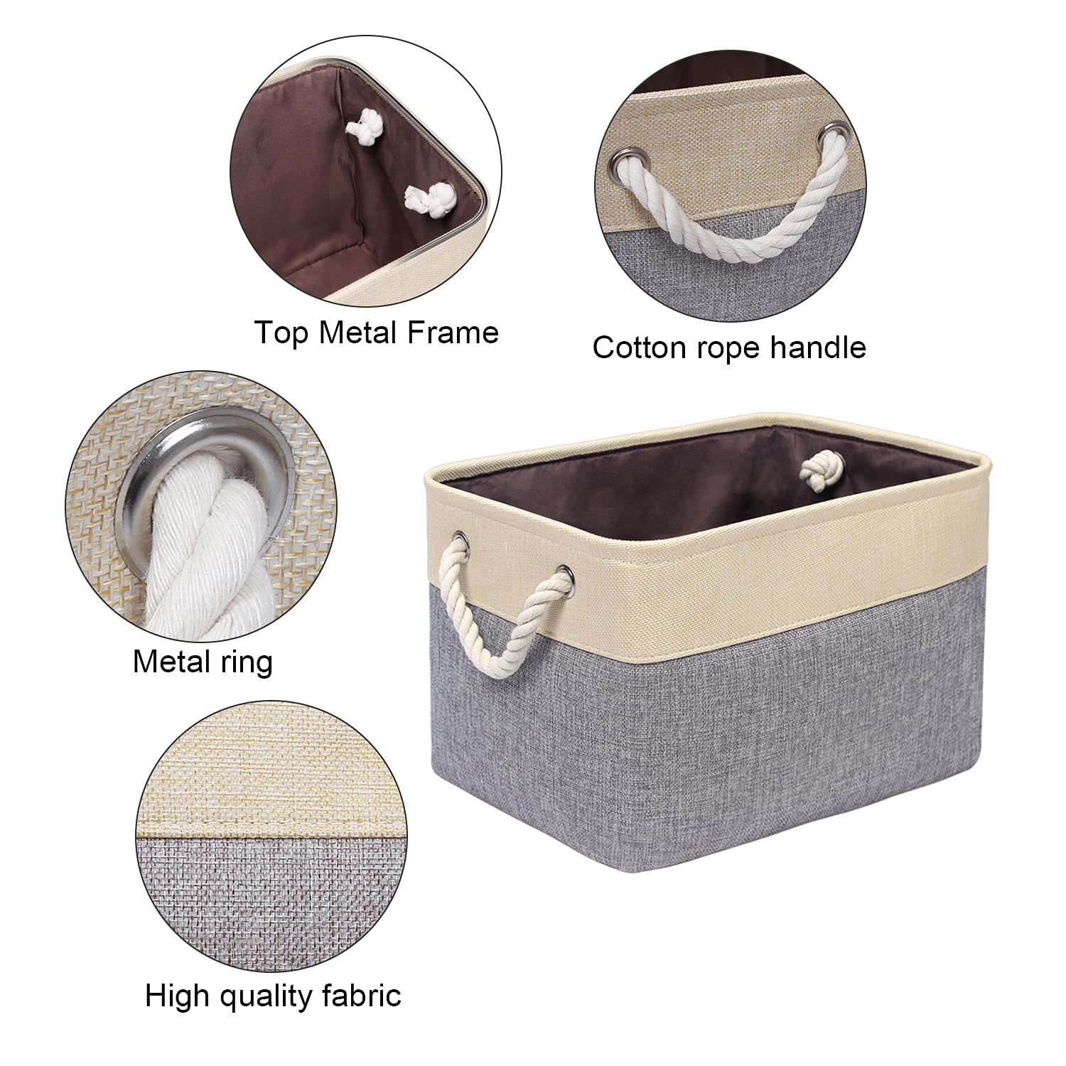 Univivi 4-Pack Storage Large Basket Set Foldable Storage Bins with PU Handles Rectangle Fabric Organizer Bins (Rope Handles-Gray, 15 Inch)