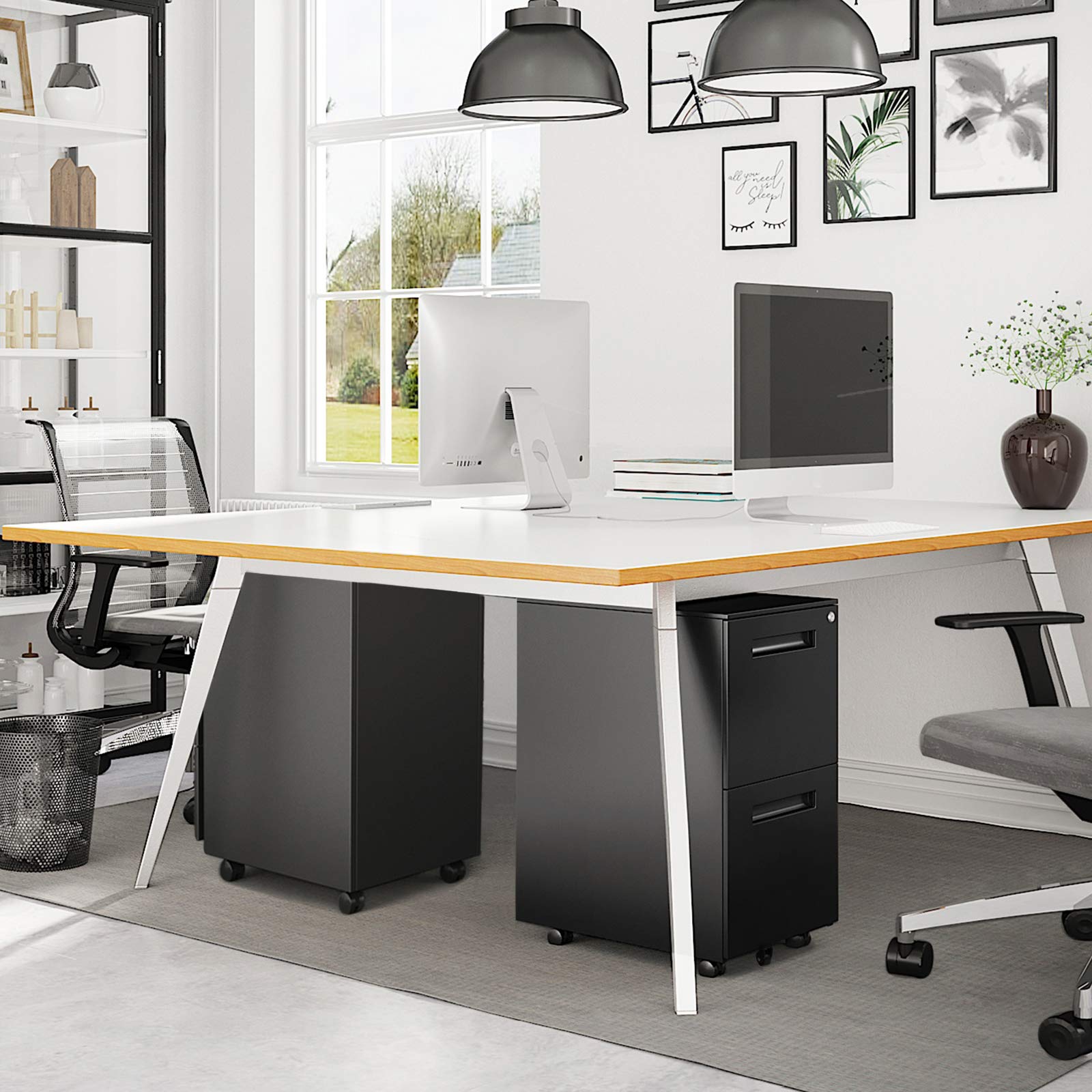 SONGMICS File Cabinet with 2 Drawers, Fully Assembled Except Casters, Rolling Steel Office Cabinet with Lock, for A4, Legal/Letter Sized Documents, Hanging File Folders, Black UOFC52BK