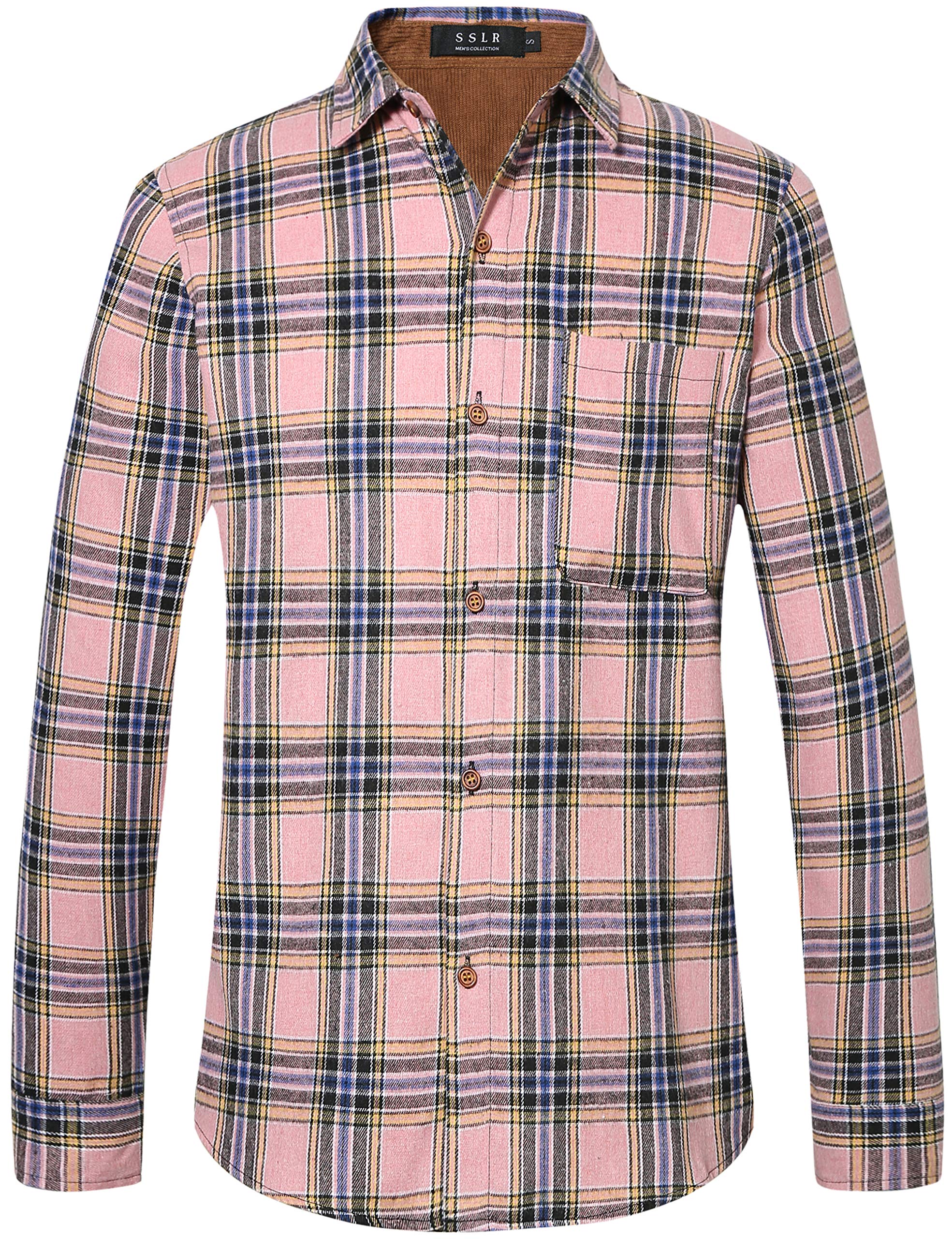 SSLR Flannel Shirt for Men, Long Sleeve Button Down Shirt Plaid Casual (XX-Large, Pink)