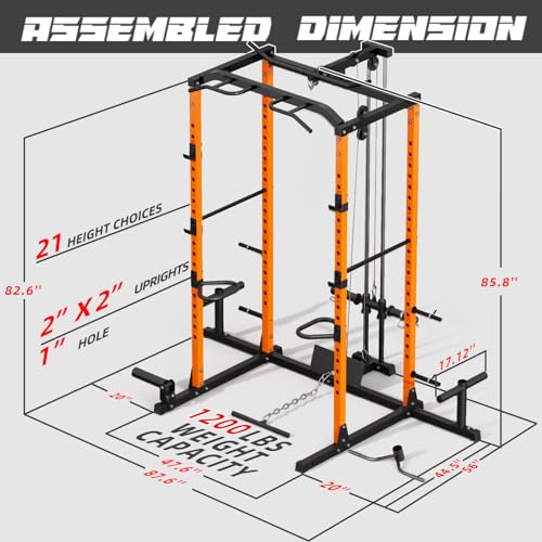 VANSWE Power Cage with LAT Pulldown Attachment, 1200-Pound Capacity Power Rack Full Home Gym Equipment with Multi-Grip Pull-up Bar, Landmine, T bar and Dip Handle (2024 Updated Version) (Orange)