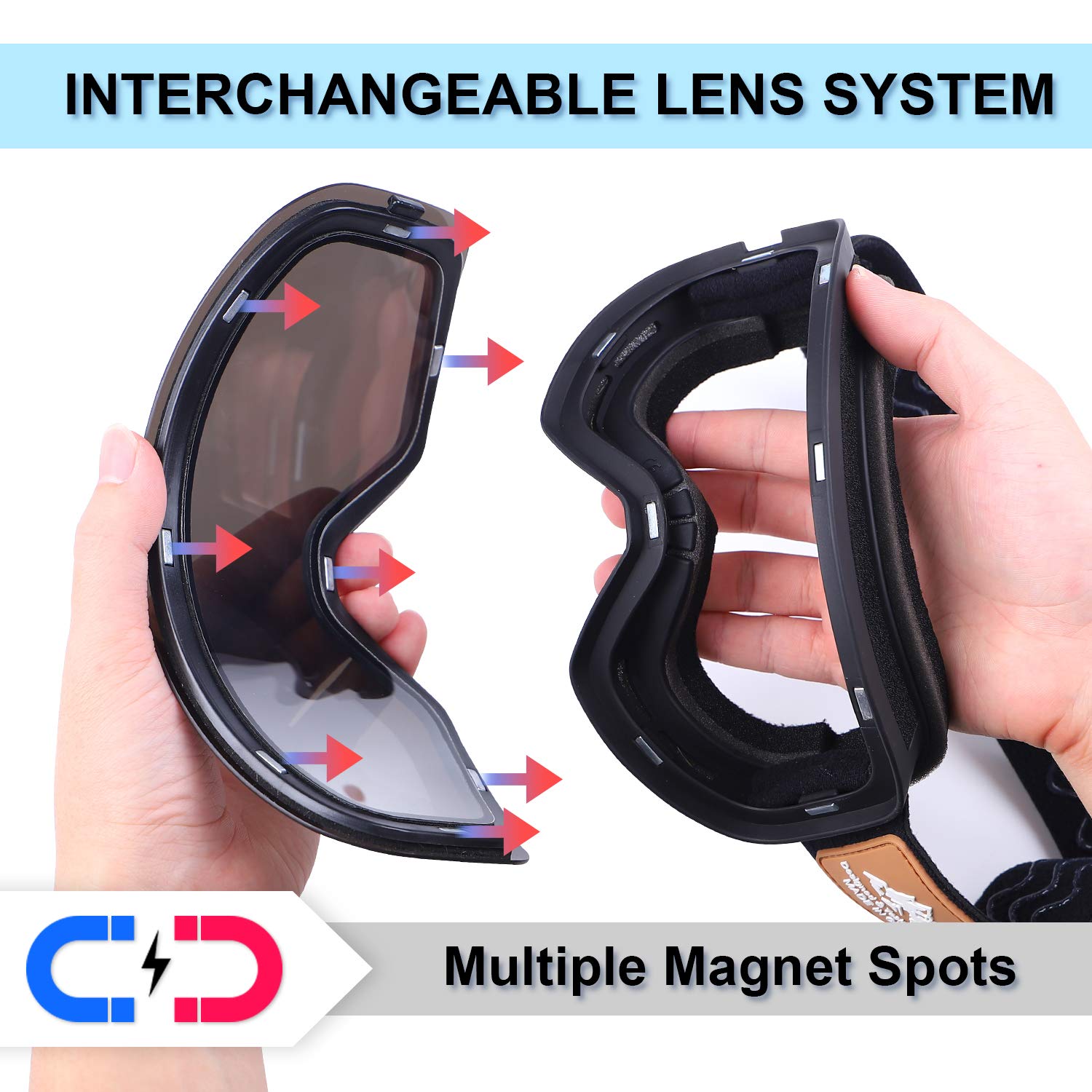 XGEAR Frameless Snow Goggles - Magnetic Interchangeable Lenses, 100% UV Protection, OTG Ski Goggles for Men and Women (Silver, VLT 10%)