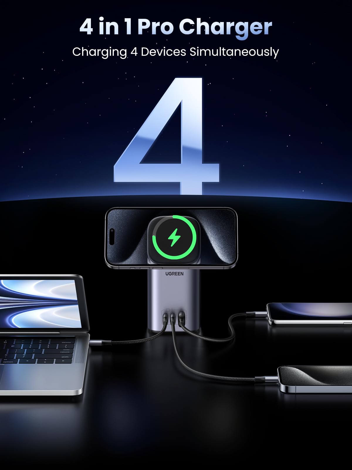 UGREEN MagSafe Charger Stand, Nexode 100W USB C Charger 4 in 1 with 15W MagSafe Wireless Fast Charging Station for iPhone 15 Pro Max/14/13/12, AirPods Pro, MacBook Pro, Galaxy S24