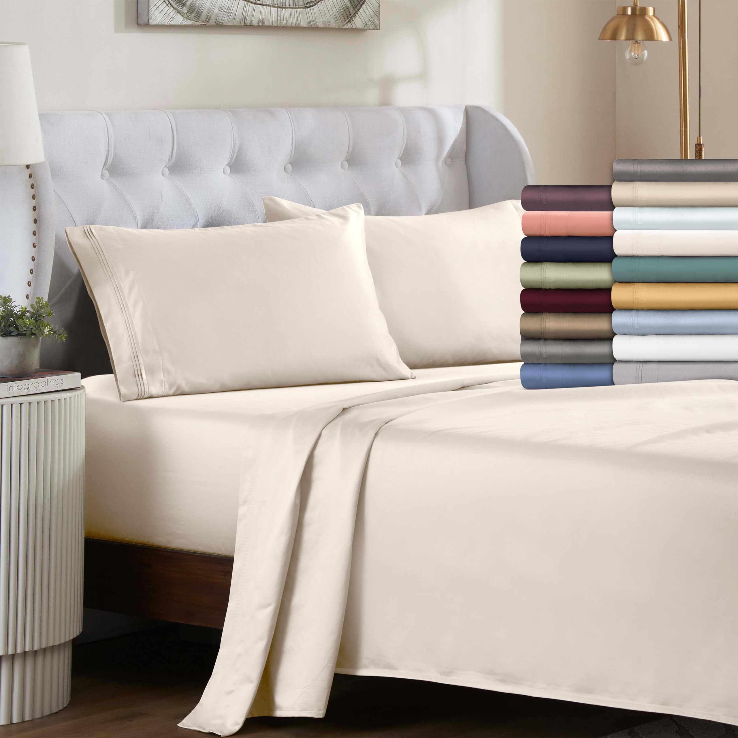 Superior Egyptian Cotton 4 Piece Sheet Set, Luxury 1000 Thread Count, Eco-Friendly, Sustainable Sheets, Ultra-Soft Basics, Solid, Deep Pocket Fitted Sheet, Flat Sheet, Pillowcases, King, Ivory