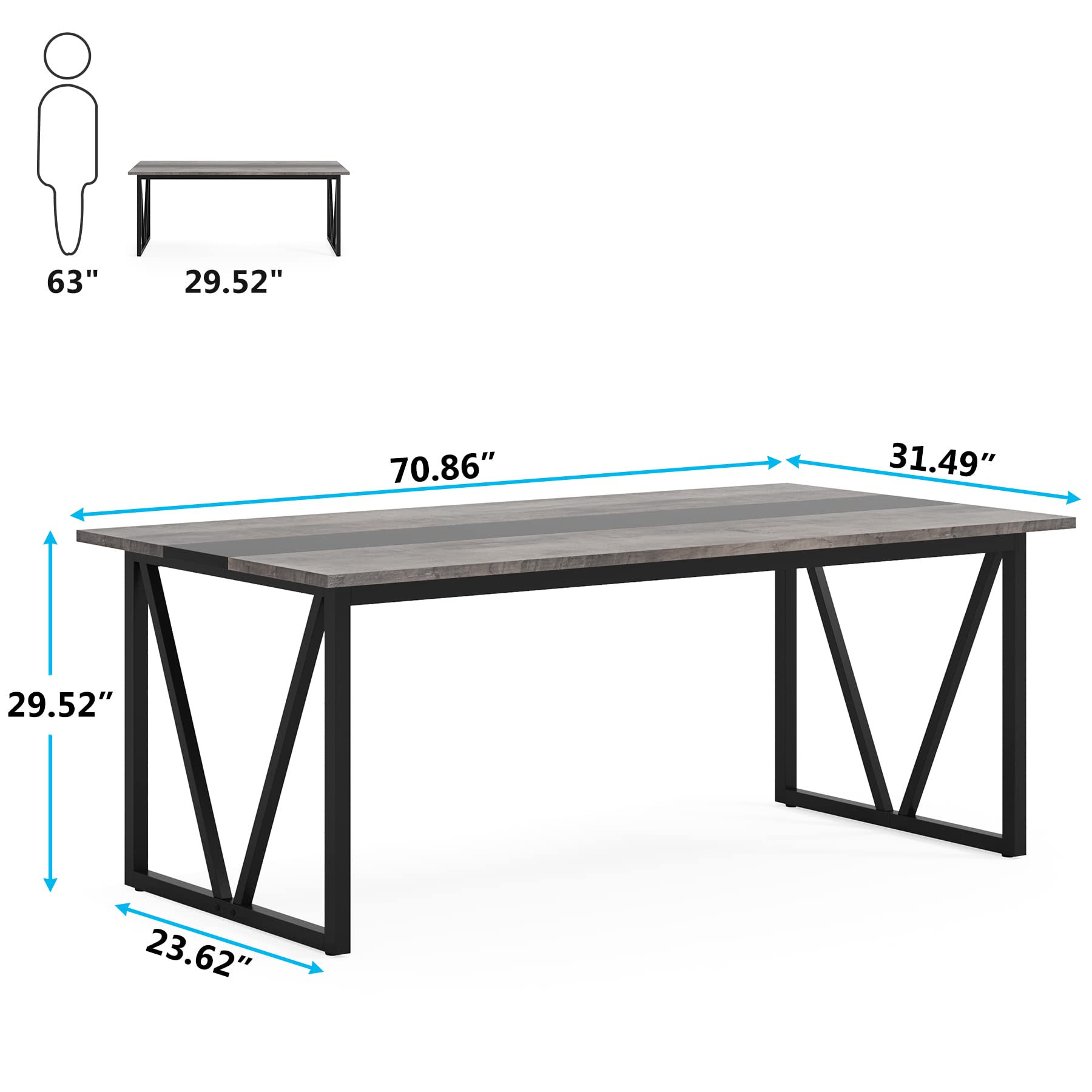 Tribesigns Dining Table for 6-8 People, 70.8 inch Industrial Large Kitchen Table with Heavy Duty Metal Frame, Rectangle Wood Dining Room Table for Kitchen, Living Room, Grey & Black