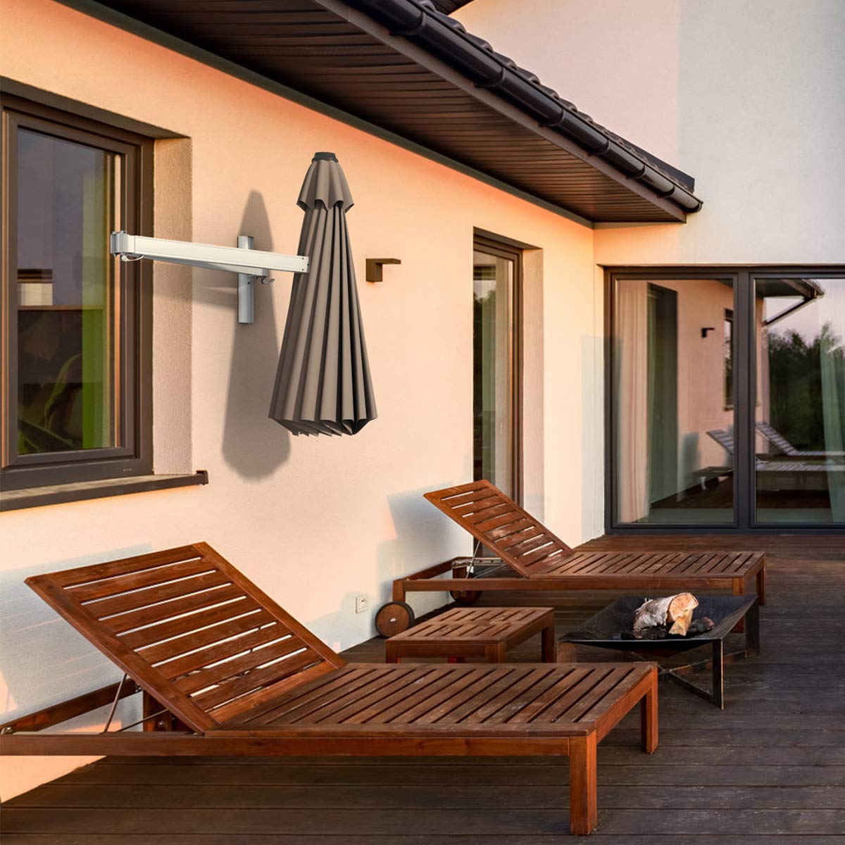 Tangkula 8 FT Wall Mounted Patio Umbrella, Outdoor Wall Umbrella with Adjustable Pole, Tilting Sunshade Umbrella with Wind Vent, Ideal for Garden Balcony Yard (Tan)