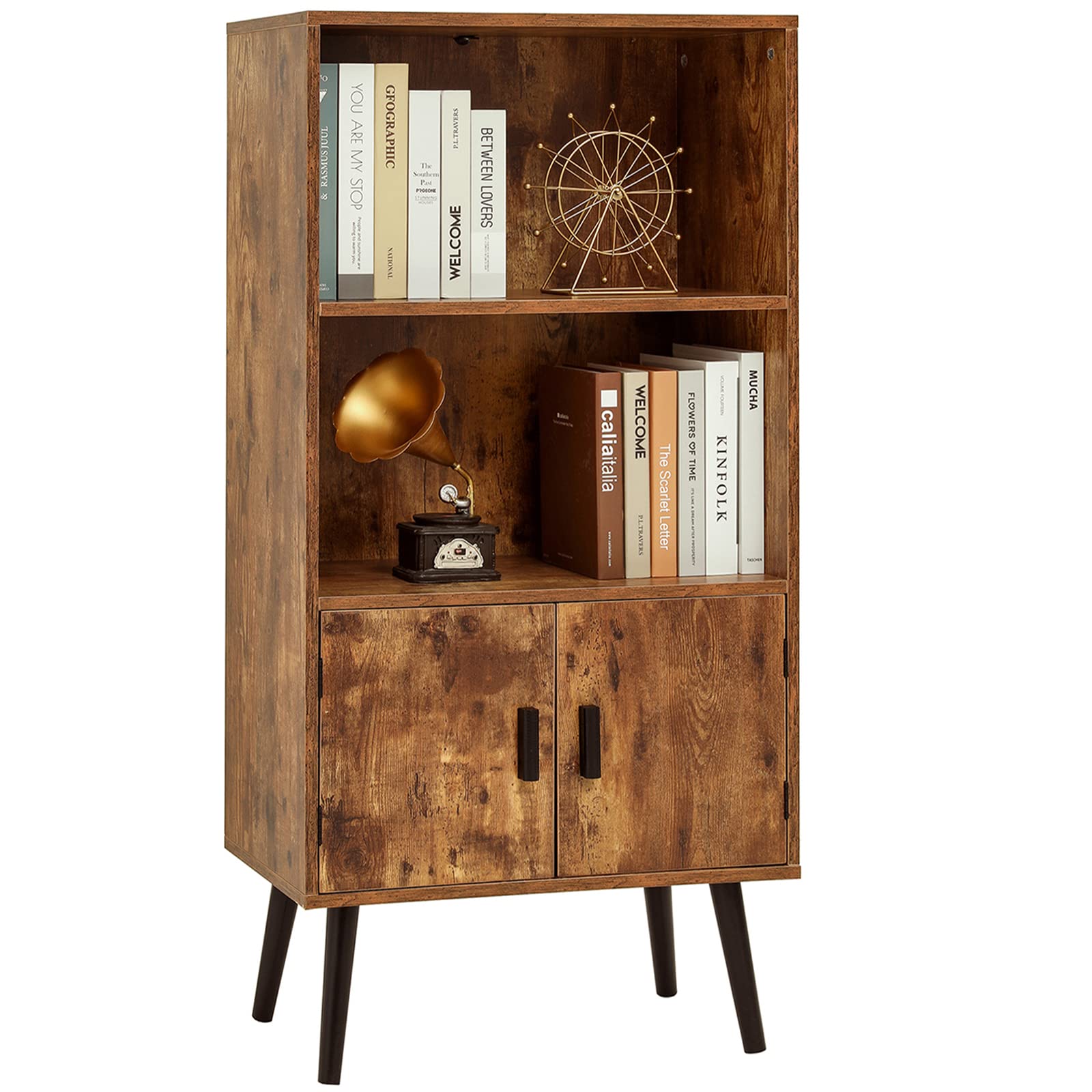 usikey 48.4" H Boho Bookcase, Retro Bookshelf with Doors & 2-Tier Shlef, Mid-Century Modern Storage Cabinet for Bedroom, Study, Living Room, Office, Library, Brown