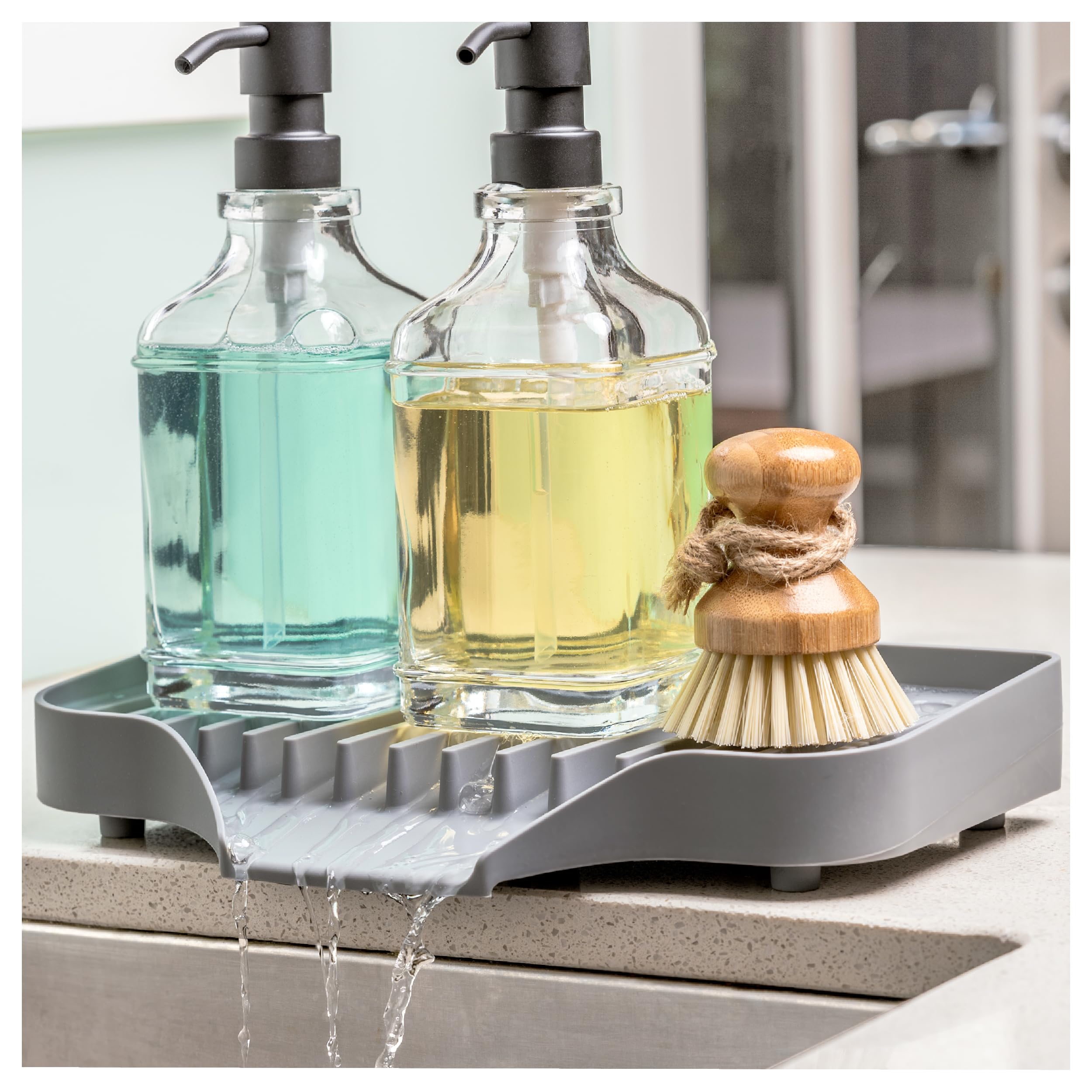 UHMER Silicone Sink Tray, Extra Large Self-Draining Sink Tray for Soap Bottles, Quick-Dry Silicone Sponge Holder for Kitchen Sink, Wide Lip Silicone Kitchen Sink Tray (Dark Gray)