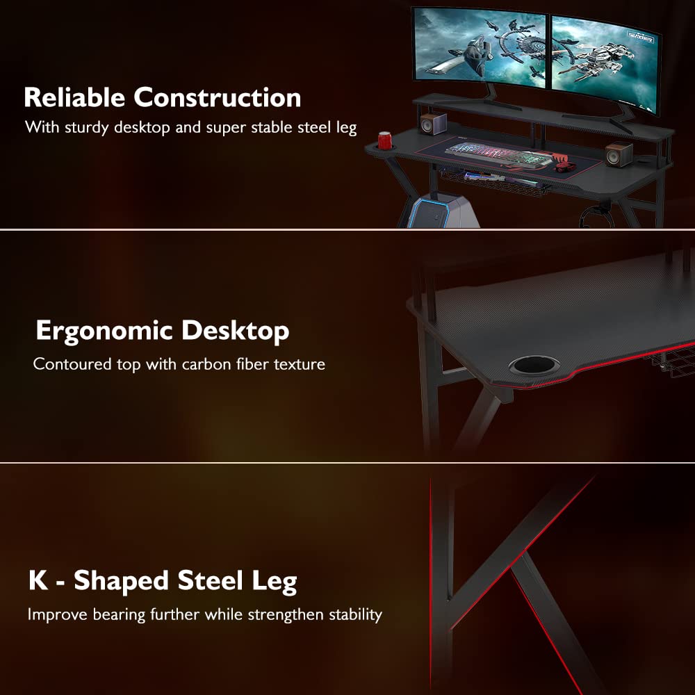 Tribesigns Gaming Desk with Monitor Riser, 55 inches Gamer Computer Desk PC Laptop Gaming Workstation with K Shaped Leg, Under-top Basket, Cup Holder & Headphone Hook for Home Use