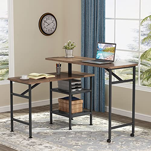 Tribesigns L Shaped Rotating Standing Desk, Industrial 360 Degrees Free Rotating Corner Computer Desk with Storage Shelf, Reversible Rustic Office Desk with Wood Veneer Great for Home Office (Rustic)