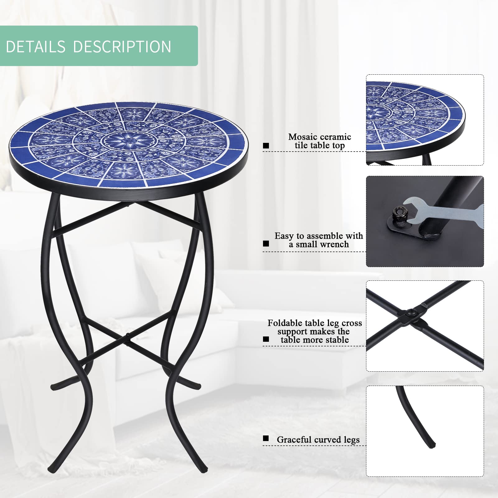 VCUTEKA Mosaic Outdoor Side Table - Small Patio Table Coffee Table Outside Accent Table Round End Plant Table for Bistro Balcony Porch Outdoor Benches 14'' Mosaic Table Green