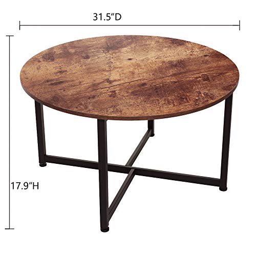 usikey Round Coffee Table for Living Room, Retro Cocktail Table with X Base9 Metal Frame, Sofa Table, Office Table, Entertainment Center for Gaming, in Home Office, Rustic Brown