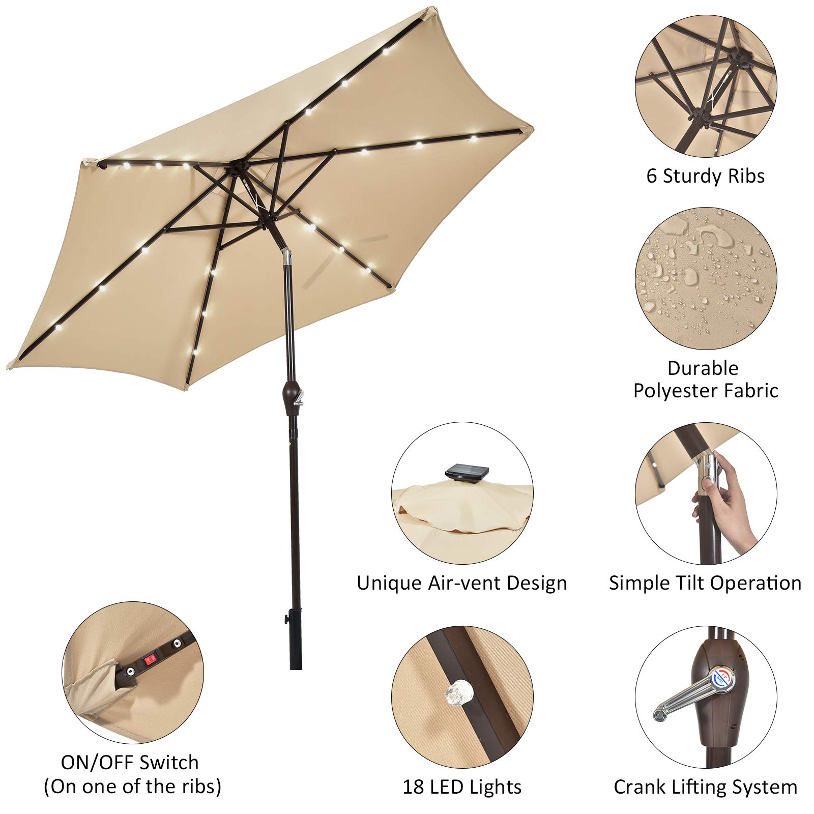 Tangkula 9FT Solar Powered LED Lighted Patio Umbrella, Table Market Umbrella with Tilt and Crank, Outdoor Umbrella with 6 Sturdy Ribs for Garden, Deck, Backyard & Pool (Beige)