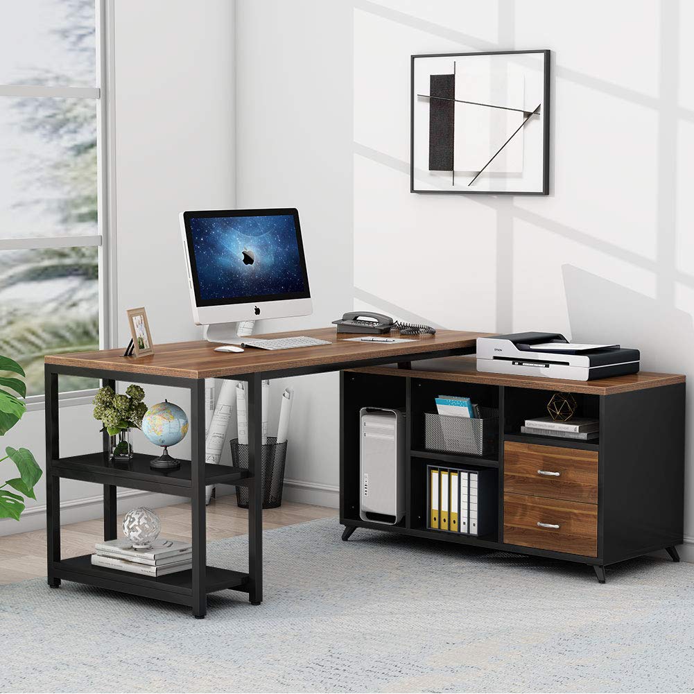 Tribesigns L-Shaped Computer Desk, 55 Inch Rotating Executive Office Desk with Drawers, Modern Corner Gaming Writing Desk with File Cabinet for Home Office Study