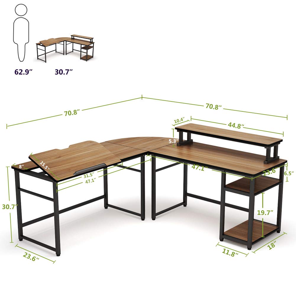 Tribesigns L-Shaped Computer Desk with Monitor Stand Riser, 70.8 inches Corner Computer Desk Study Writing Workstation Drafting Table with Tiltable Drawing Board for Home Office Use, Oak